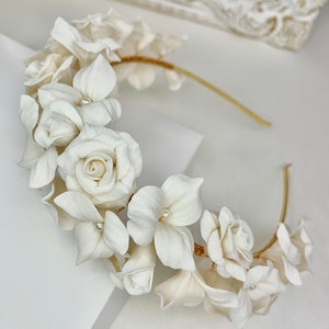 Bridal Headband Ceramic Roses Flowers. Clay White Roses and Flower Gold ...