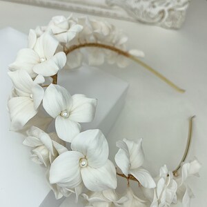 Bridal Headband Ceramic Roses Flowers. Clay White Roses and Flower Gold ...