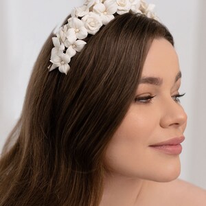 Bridal Headband Ceramic Roses Flowers. Clay White Roses and Flower Gold ...