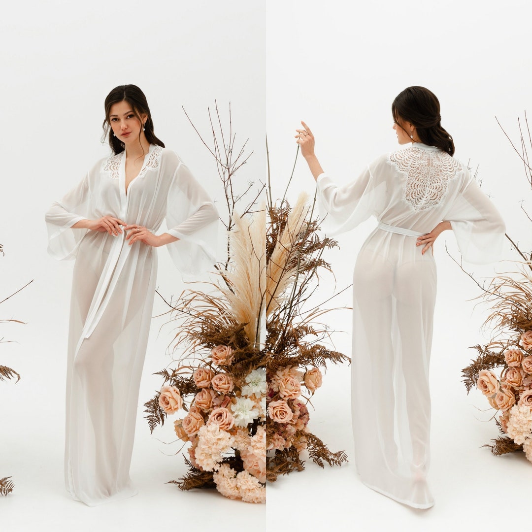 Bridal Long Robe, Wedding Robe. Long Bridal Robe Ivory, Silk Bridal ...