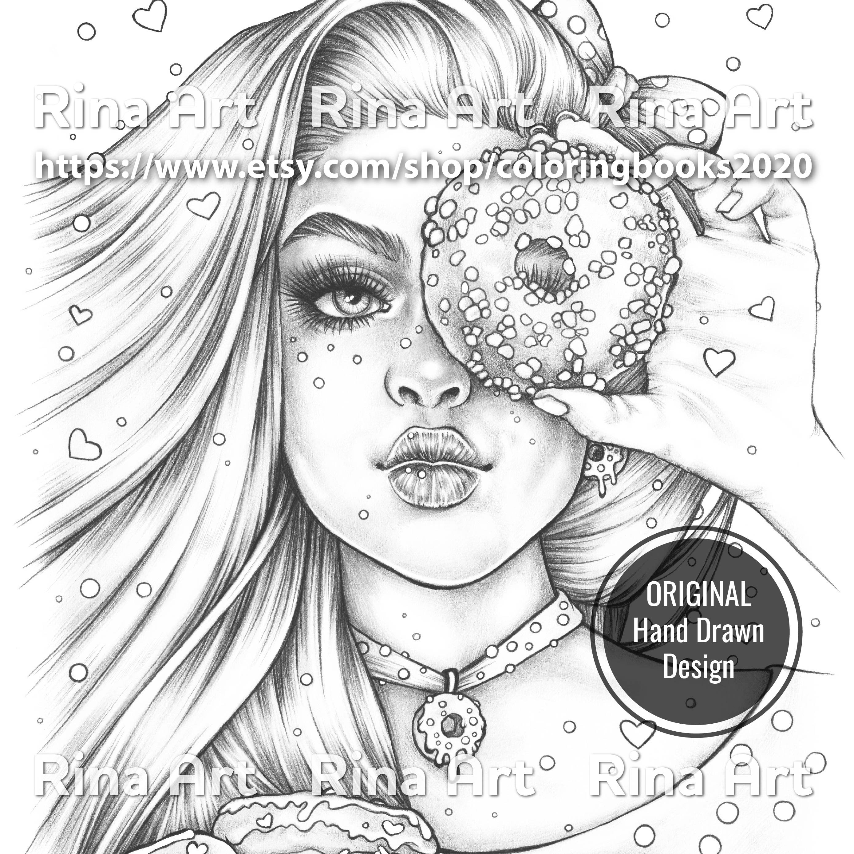 Donuts | Coloring Page | Printable Adult Colouring Pages Book | Download Grayscale Illustration ...