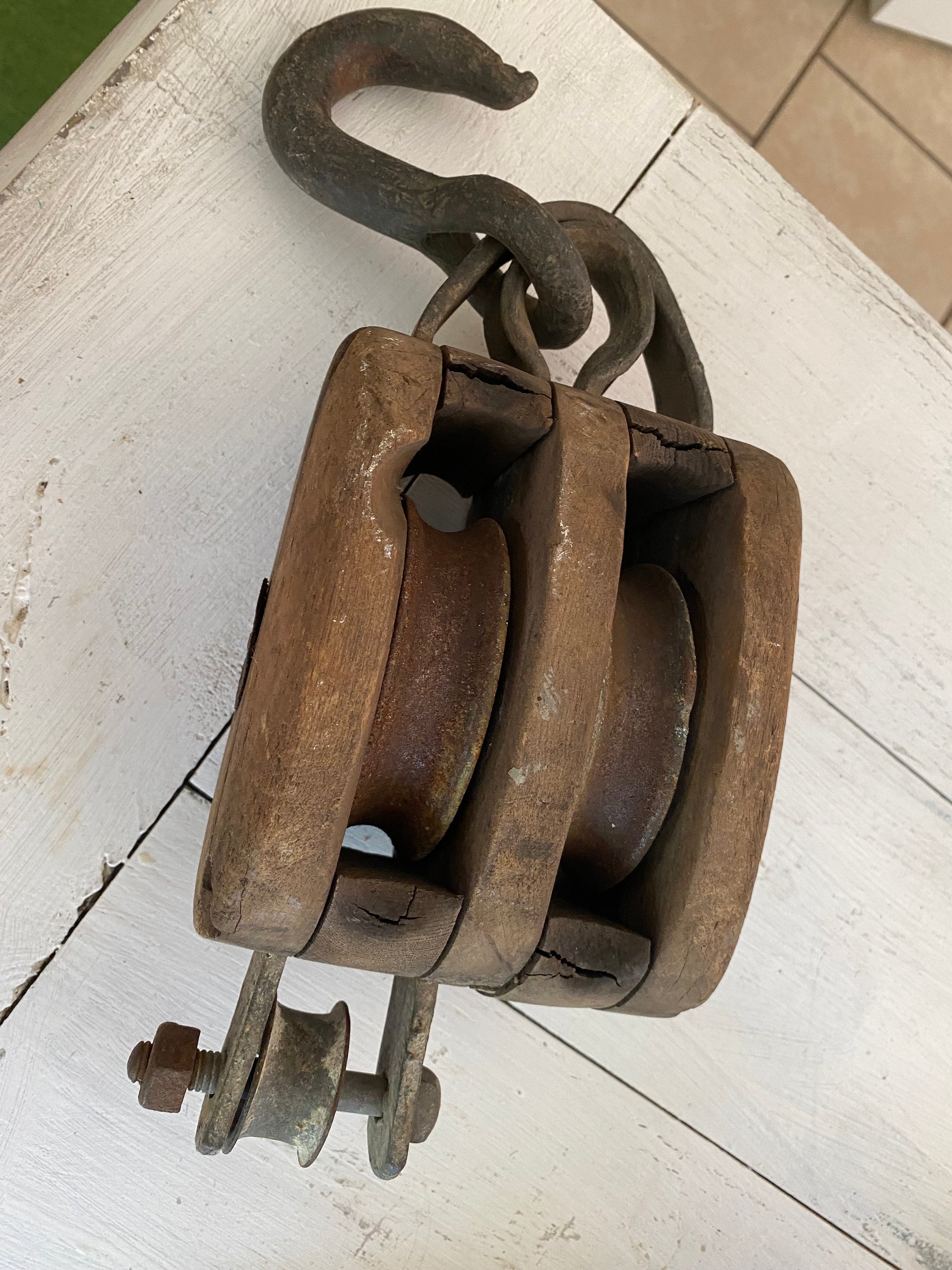 Antique Vintage Large Double Block & Tackle Pulley With Hook Wood and ...