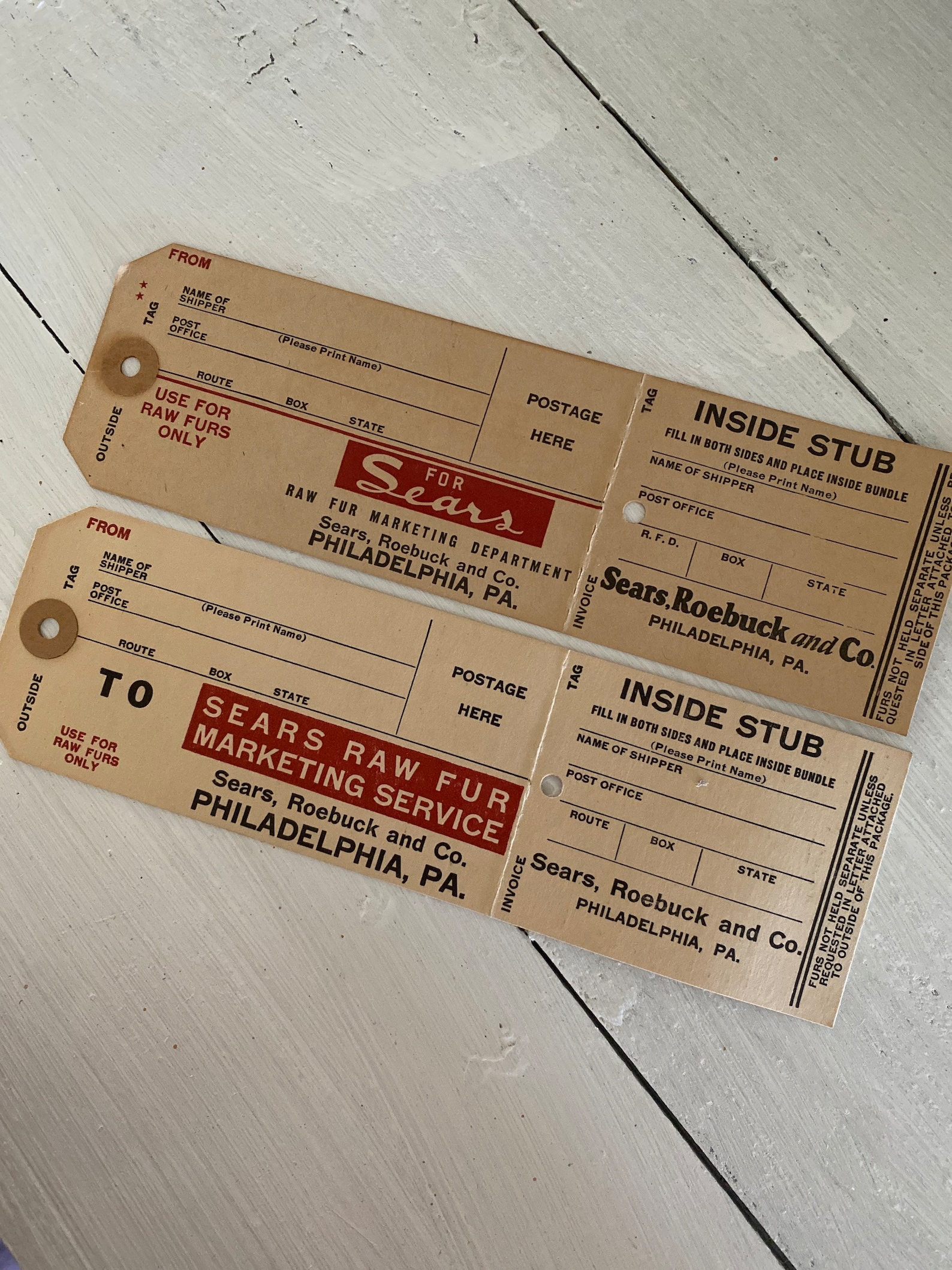 Vintage Sears,roebuck and Co. Raw Furs Shipping Tag - Philadelphia, PA ...