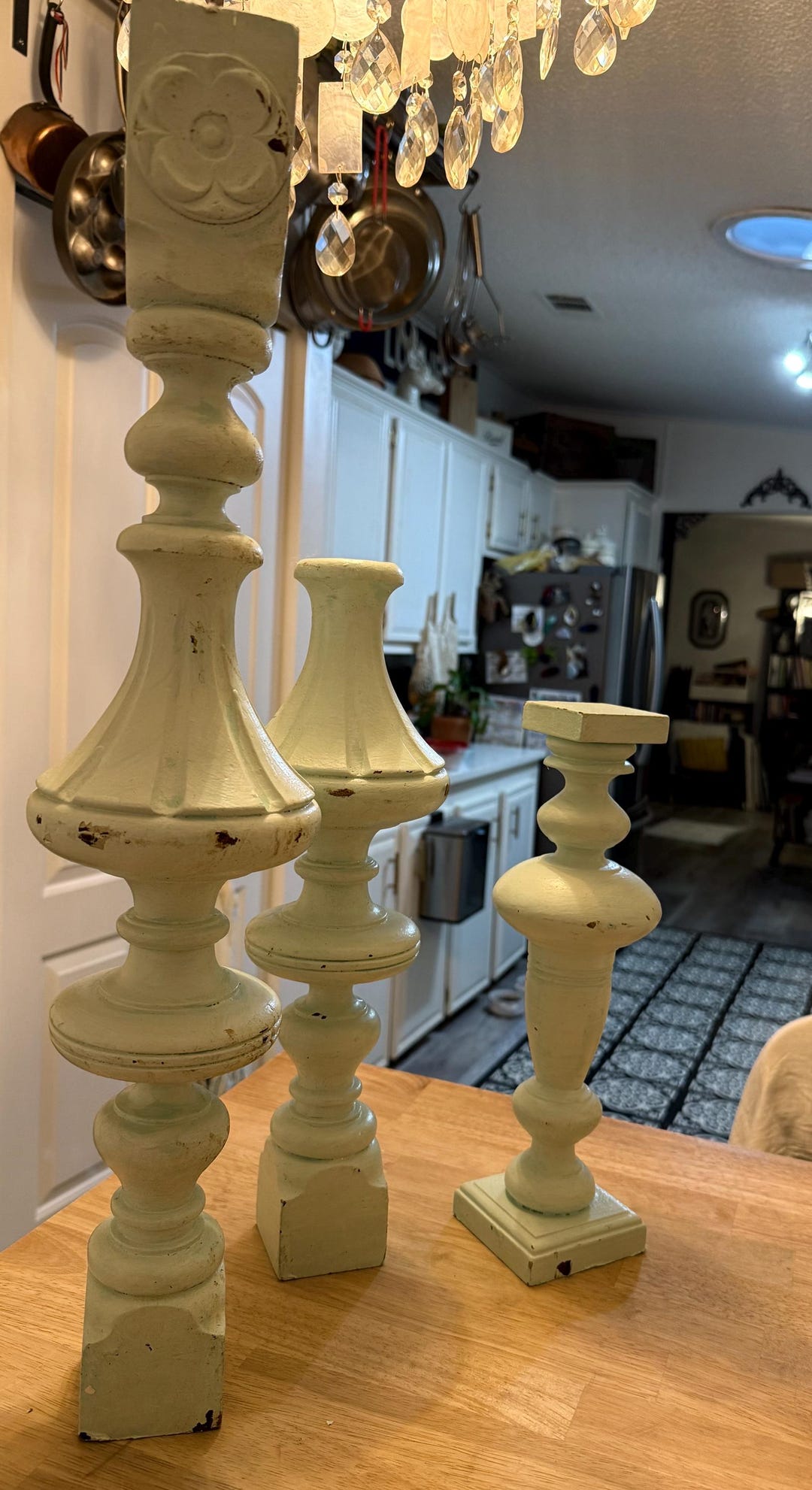 3 Shabby Green Antique Balister Wood Candlesticks - Etsy