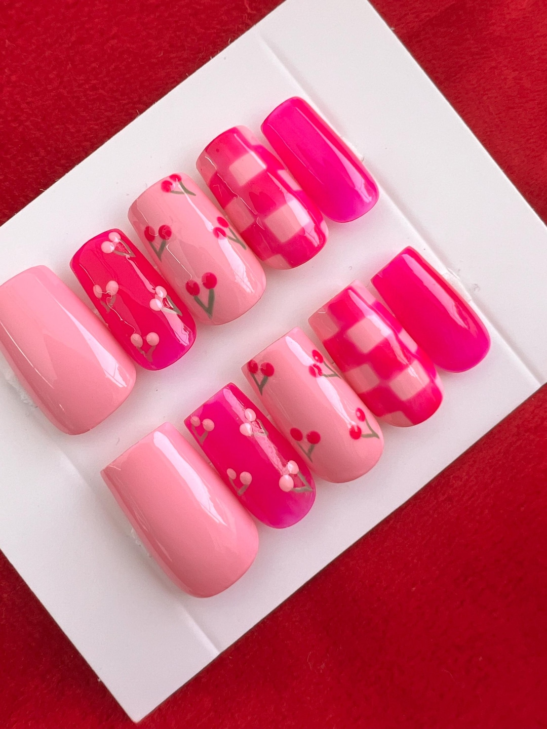Cherry Pink Press Ons | Hand Painted Press on Nails - Etsy