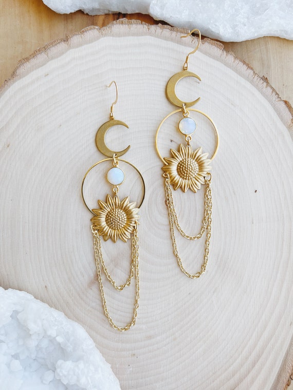 Moonflower Opalite Flower Chandelier Chain Hoop Moon Celestial Sky Nature Witchy Hippie Boho Earrings