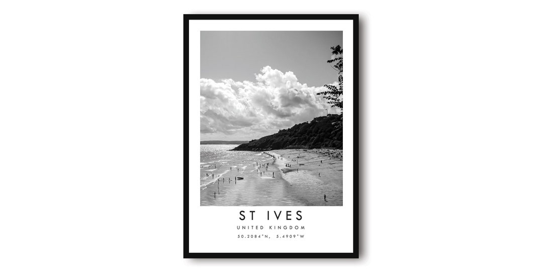 St Ives Travel Print, St Ives Poster, Unique Wallart Decor, Black and ...