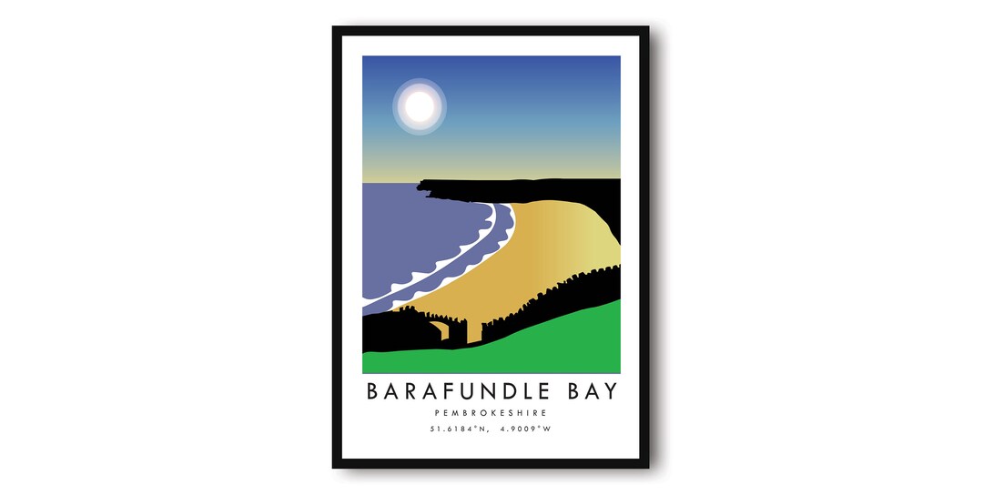 Barafundle Bay Art Print, Colourful Wales Travel Poster, British Wall ...