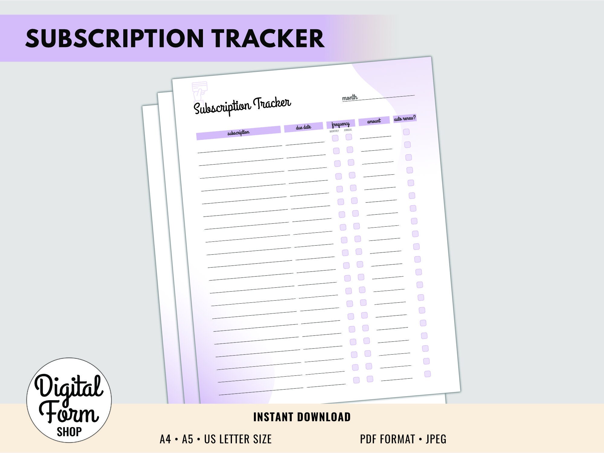 Subscription Tracker Form Printable, Membership Checklist, Budget ...