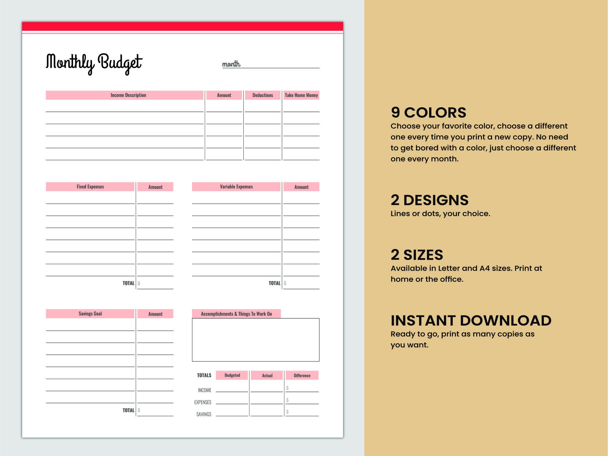 Monthly Budget Planner Printable, Personal Budget Worksheet, Financial ...