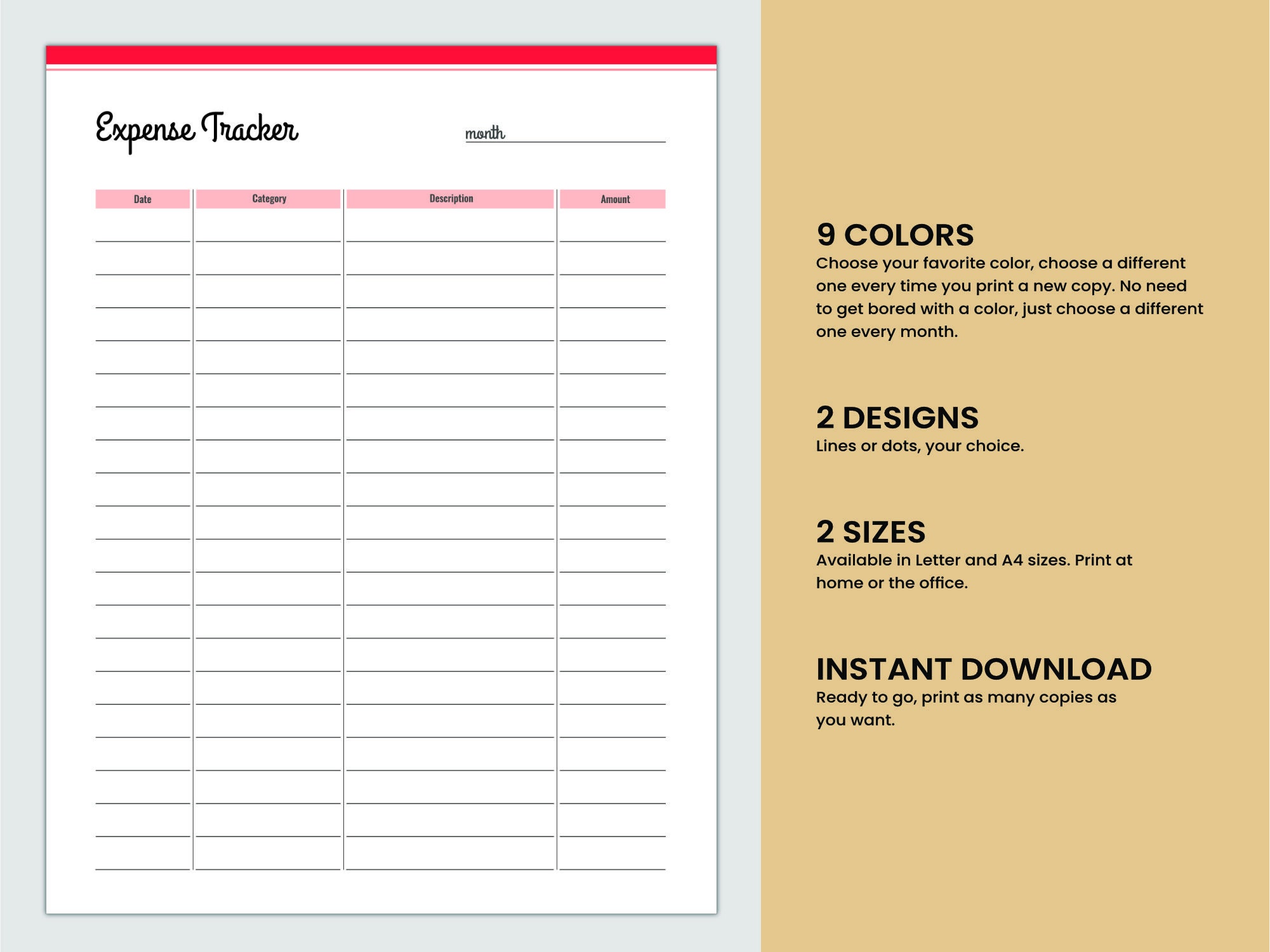 Expense Tracker Printable (18 Forms With 9 Colors & 2 Designs, Money ...