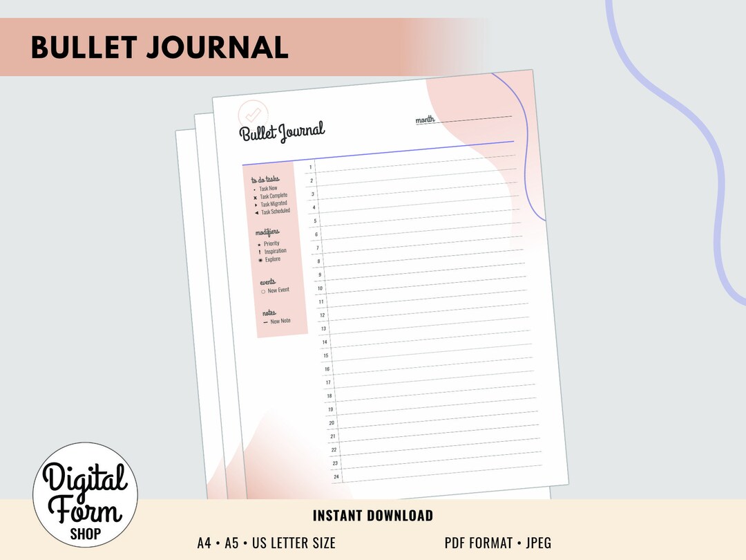 Bullet Journal Printable Modern Form (track Tasks, to Do List, Food ...