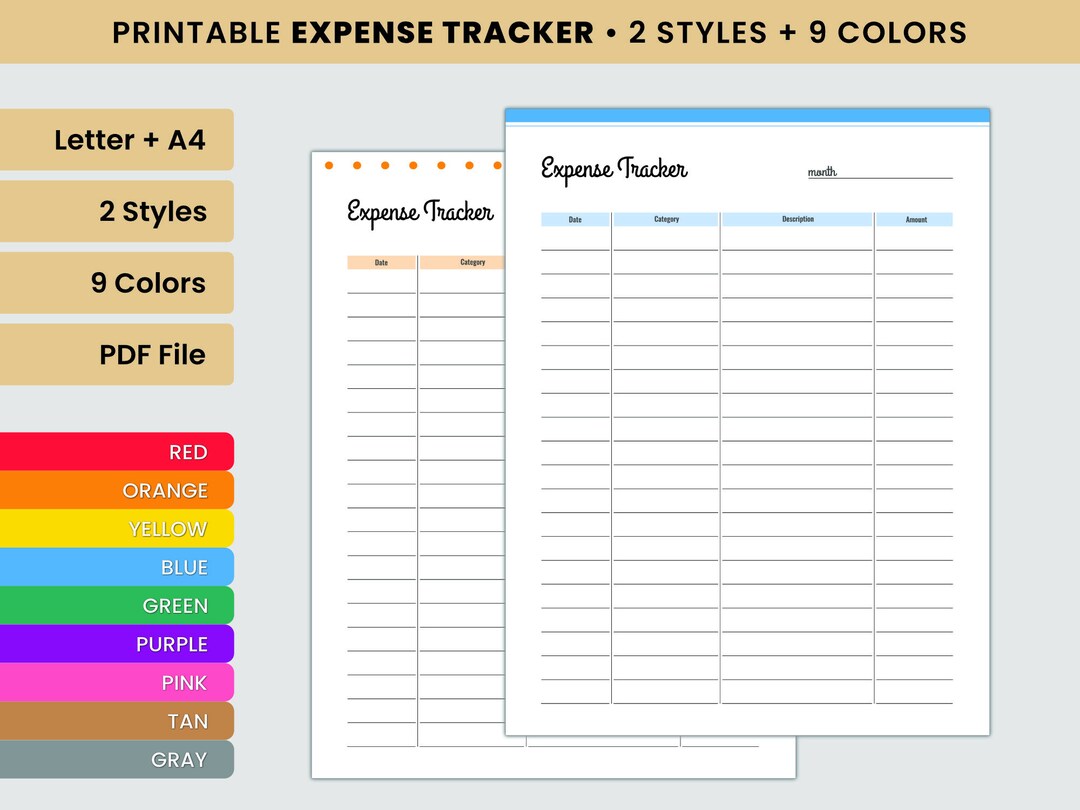 Expense Tracker Printable (18 Forms With 9 Colors & 2 Designs, Money ...