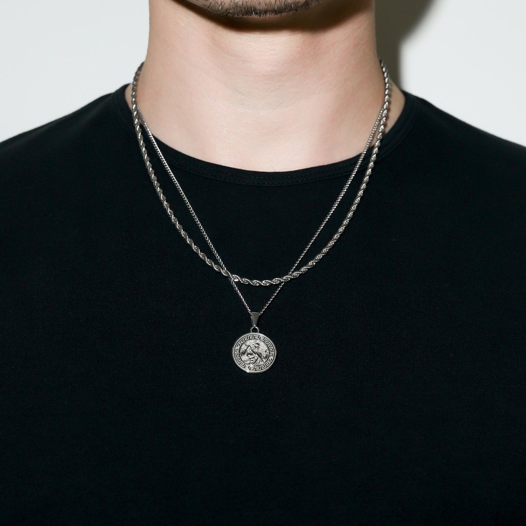 18k Silver Zeus Pendant Chain Mens Greek God Zeus Necklace Silver Man Pendant Vintage Mythology ...