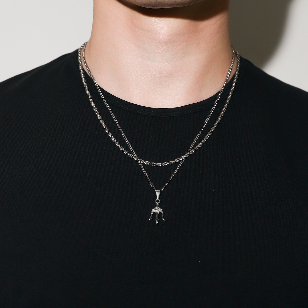 18k White Gold Trident Man Pendant Chain Mens Trident Necklace Silver ...