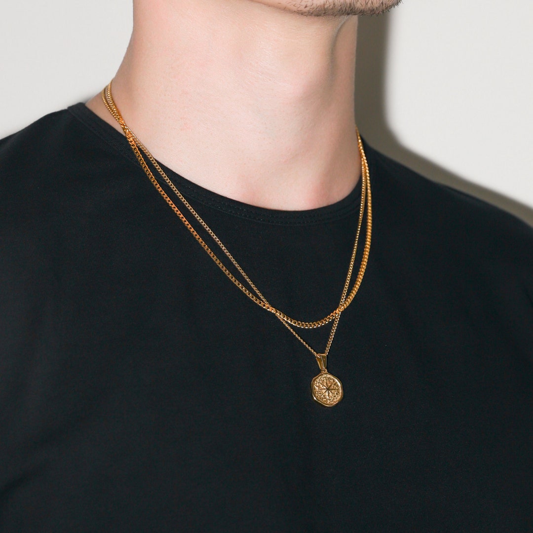 Necklace Set for Men Gold Hammered Compass North Star Pendant Cuban ...