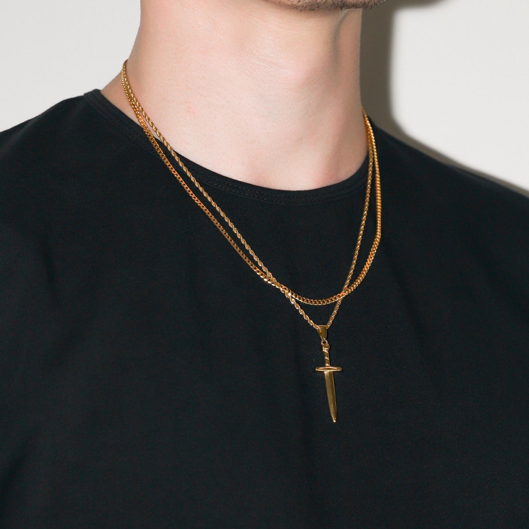 Necklace Set for Men - 18k Gold Dagger Pendant Gold Sword Necklace for ...