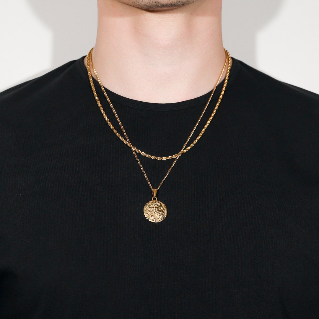 18k Gold Zeus Coin Pendant Chain Mens Greek God Zeus Necklace Gold Man ...