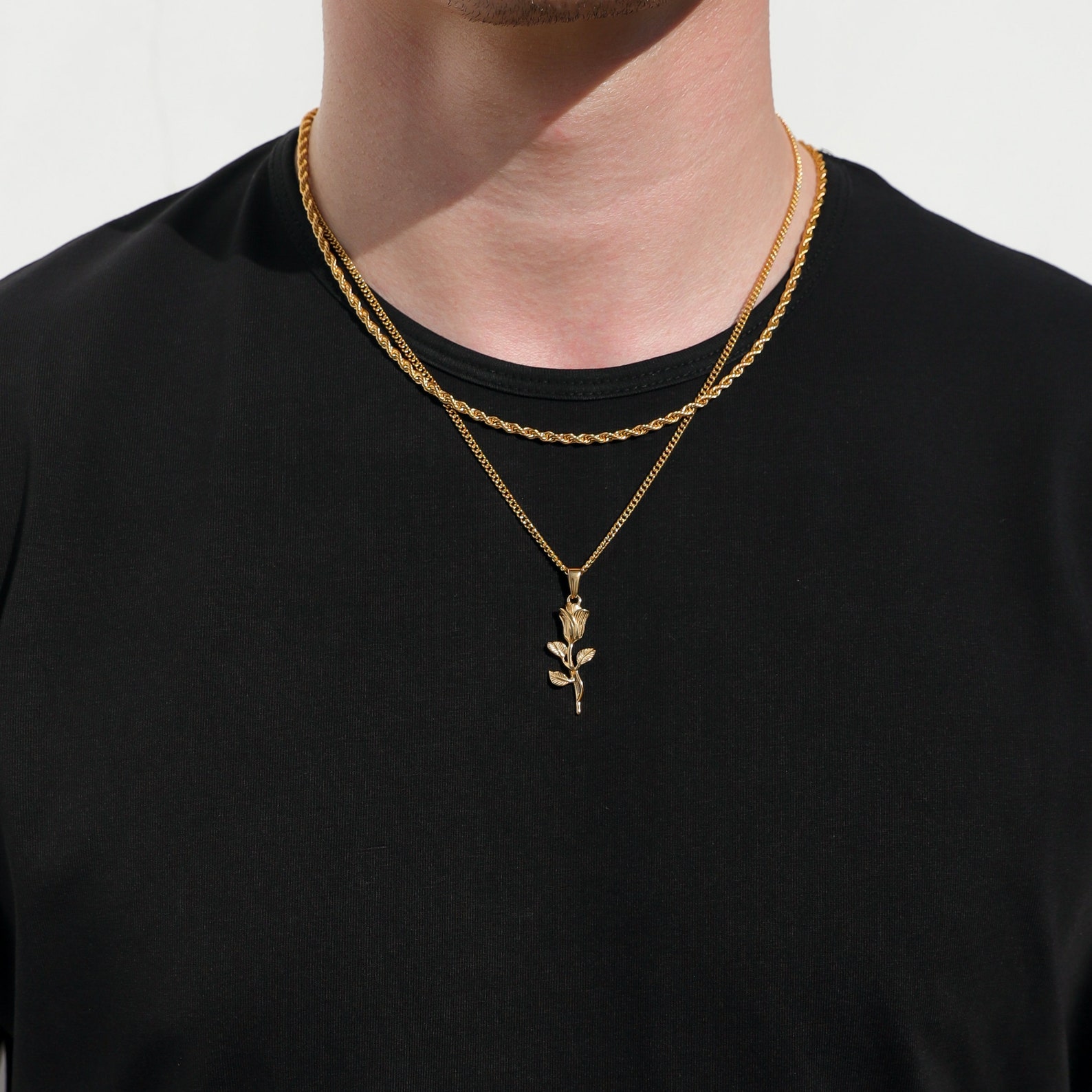 Necklace Set for Men - Silver Rose Pendant Rope Chain Set Chain Mens ...