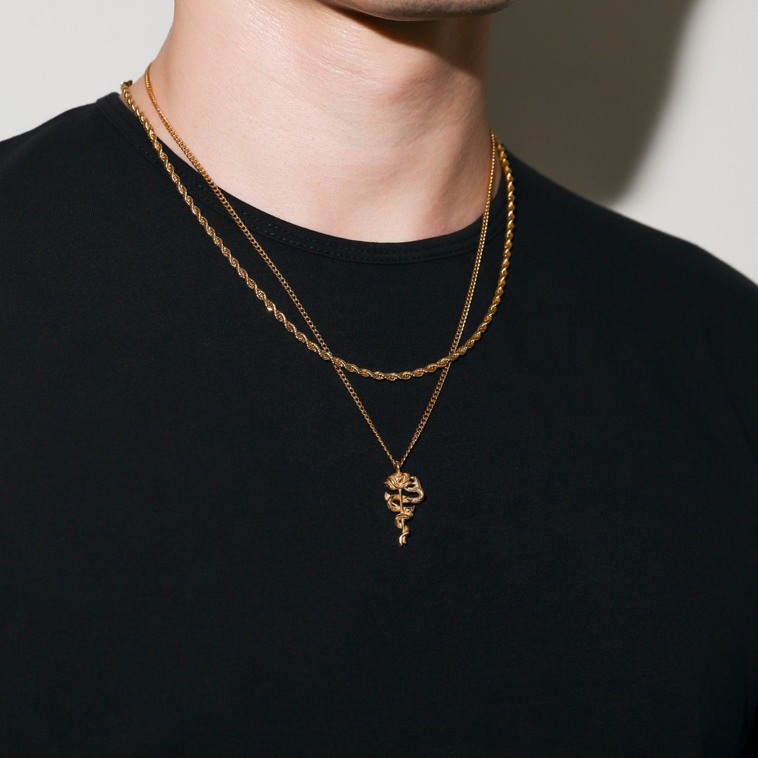 Necklace Set for Men - 18k Gold Snake Pendant Rope Chain Snake Rose ...