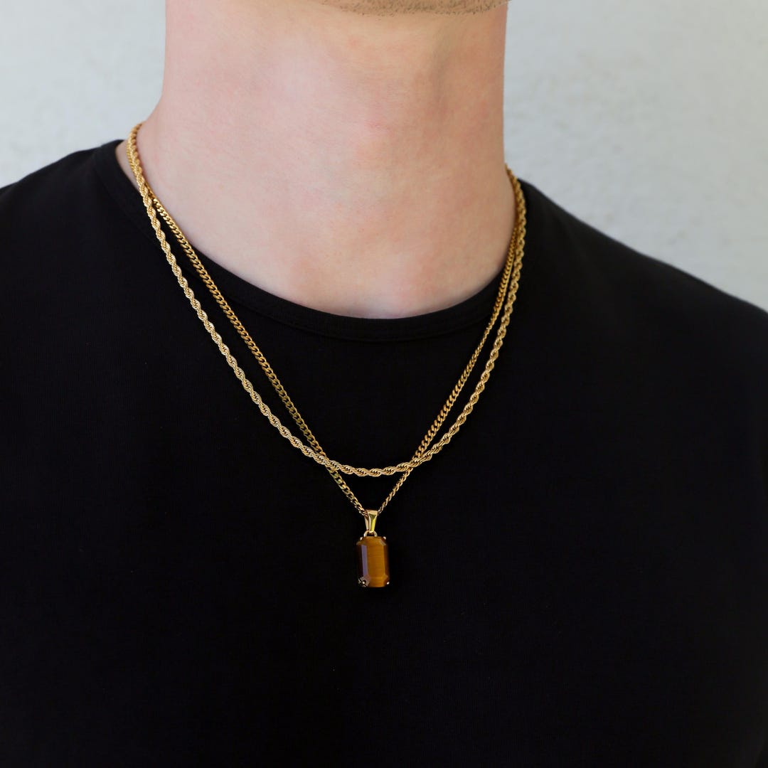 Necklace Set for Men - 18k Gold Tiger Eye Pendant Chain Mens Tiger Eye ...