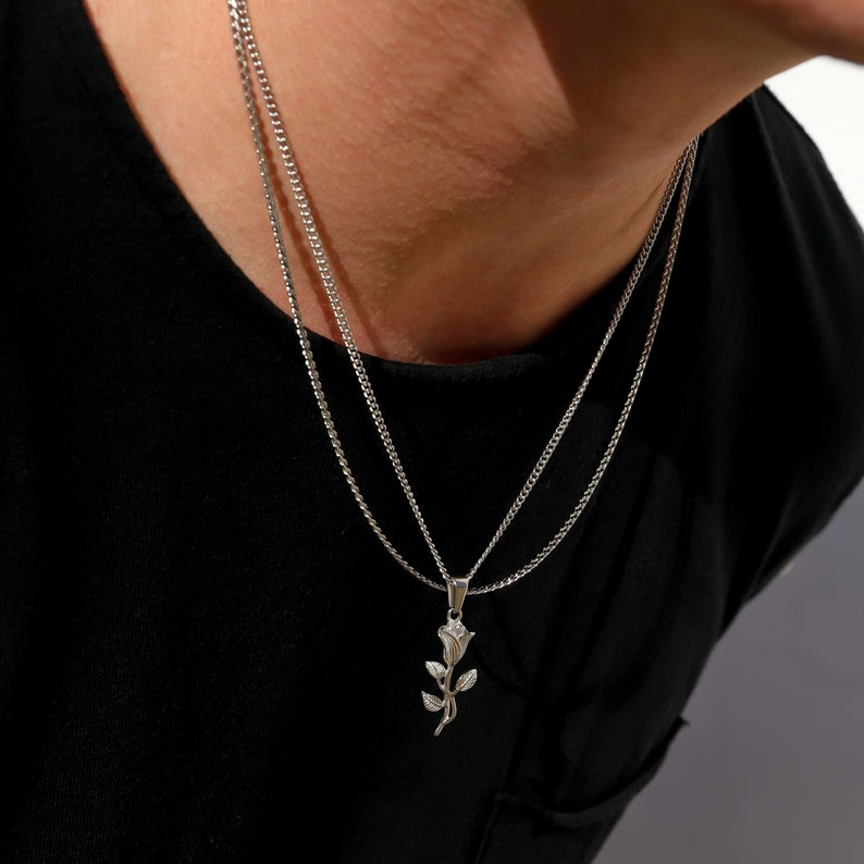 Necklace Set for Men - Silver Rose Pendant Cuban Link Chain Set Chain ...