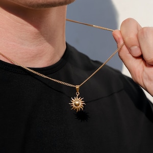 18k Gold Sun Pendant Necklace Mans Pendant Mens Necklace Mens Sun Star ...