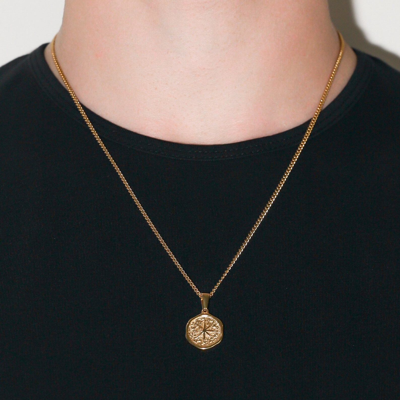 18k Gold Hammered Compass North Star Pendant Chain Mens - Etsy