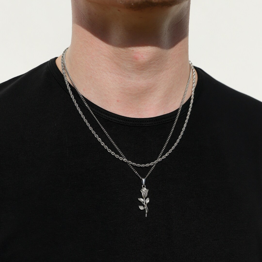 Necklace Set for Men - Silver Rose Pendant Rope Chain Set Chain Mens ...