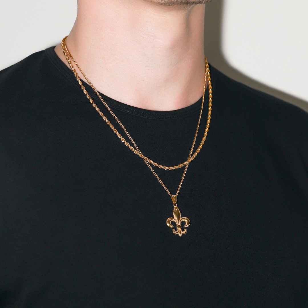 Necklace Set for Men 18k Gold Fleur De Lis Pendant Chain Fleur De Lis ...