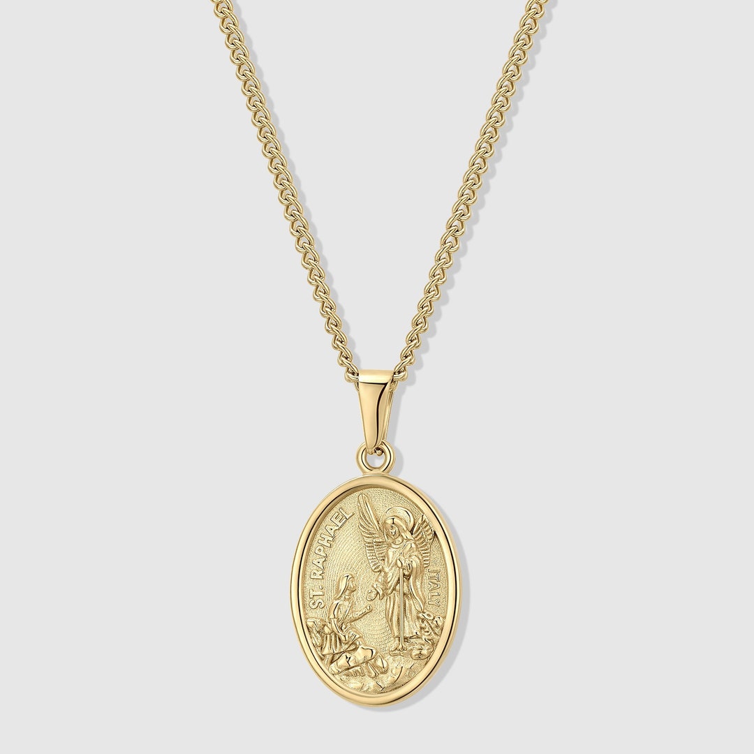18k Gold St Raphael Pendant Saint Raphael Medal Archangel Raphael ...