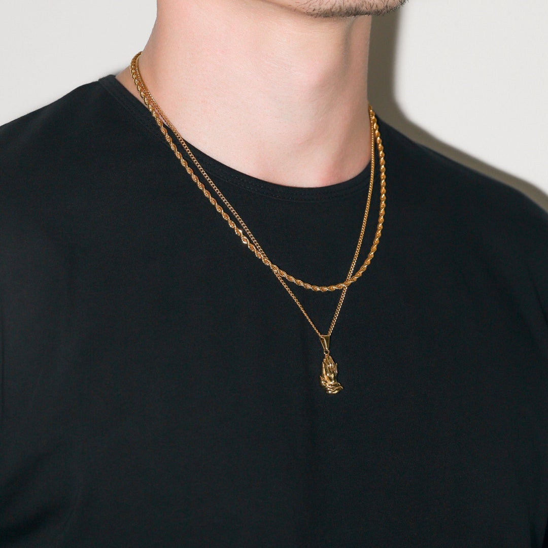 Necklace Set for Men- 18k Gold Praying Hands Pendant Chain Mens Gold ...