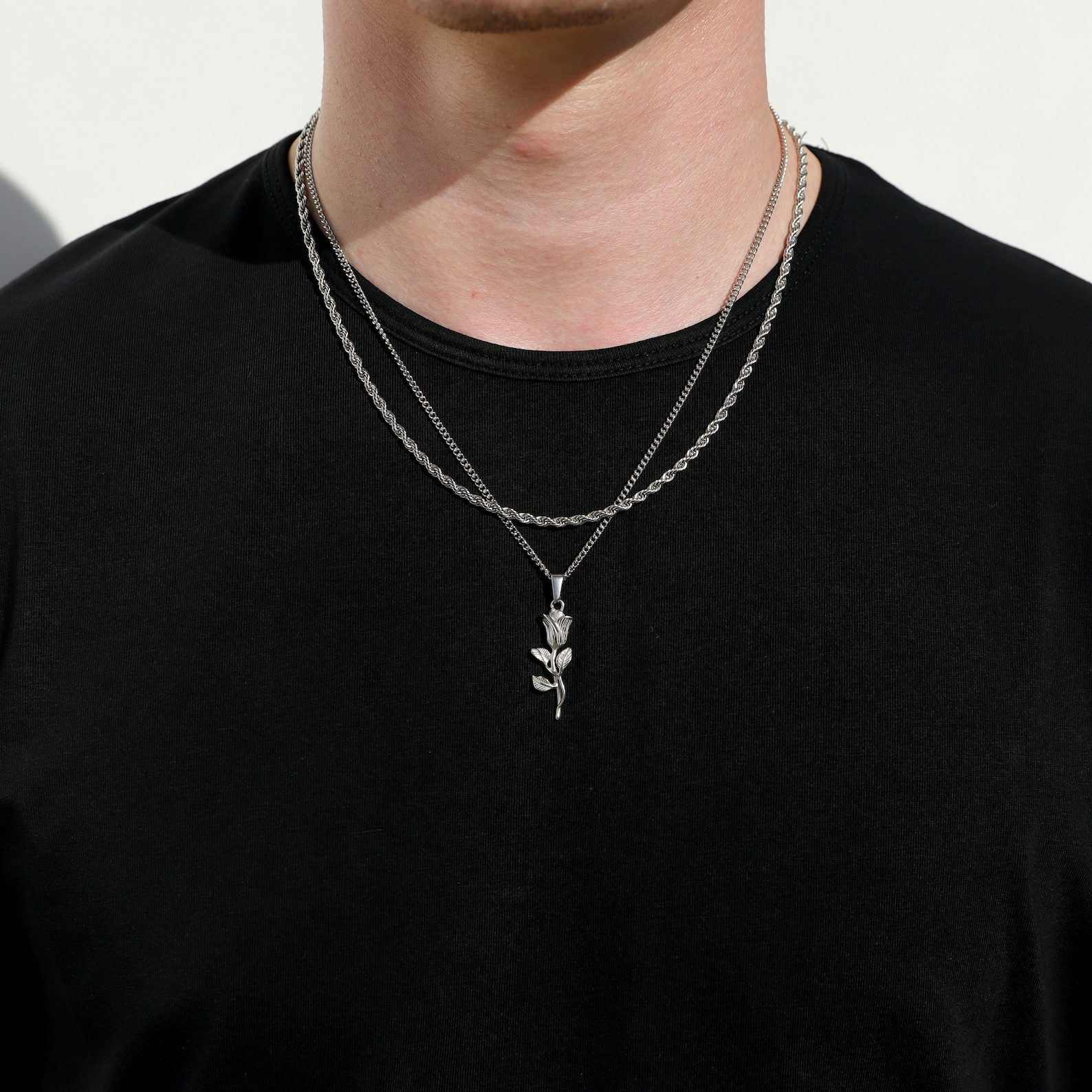 Necklace Set for Men - Silver Rose Pendant Rope Chain Set Chain Mens ...