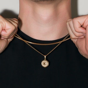 Necklace Set for Men Gold Hammered Compass North Star Pendant Cuban ...