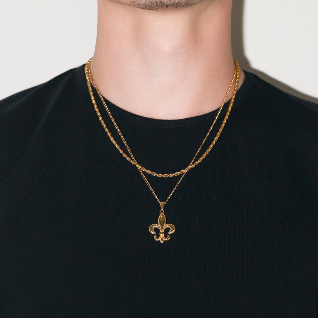 18k Gold Fleur De Lis Pendant Chain Mens Fleur De Lis Necklace Gold ...