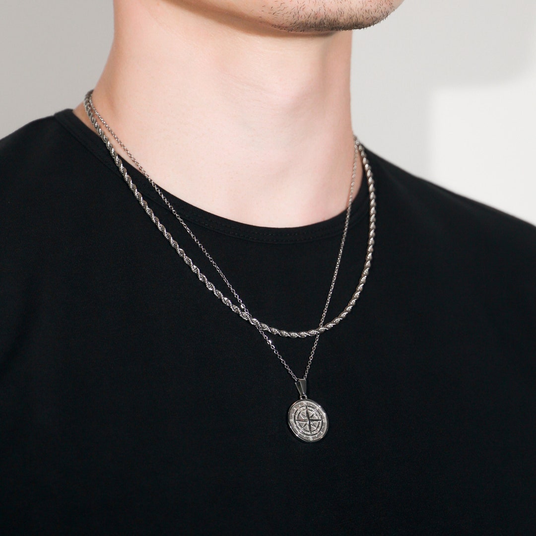 Necklace Set for Men - Silver Compass Pendant North Star Pendant Chain ...