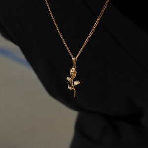18k Gold Rose Pendant Chain Mens Rose Necklace Gold Rose Pendant ...