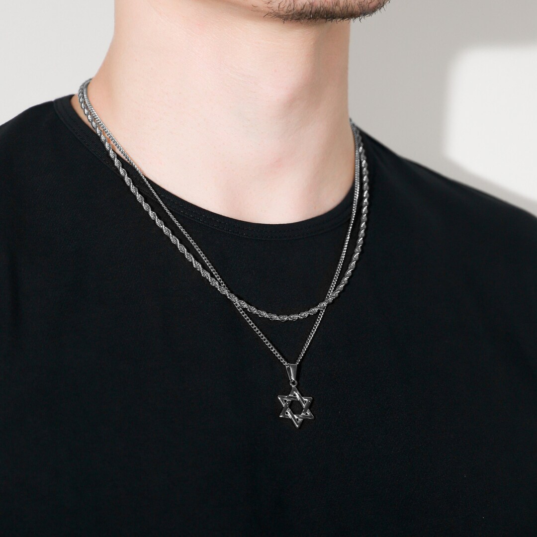 Necklace Set for Men- Silver Star of David Pendant Rope Chain Star of ...