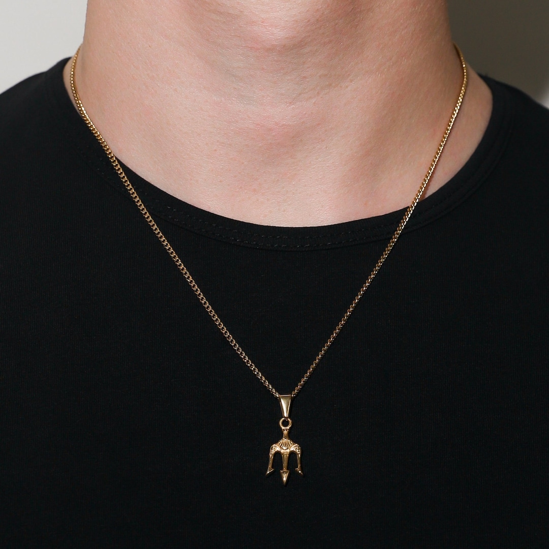 18k Gold Trident Man Pendant Chain Mens Trident Necklace Gold Man ...