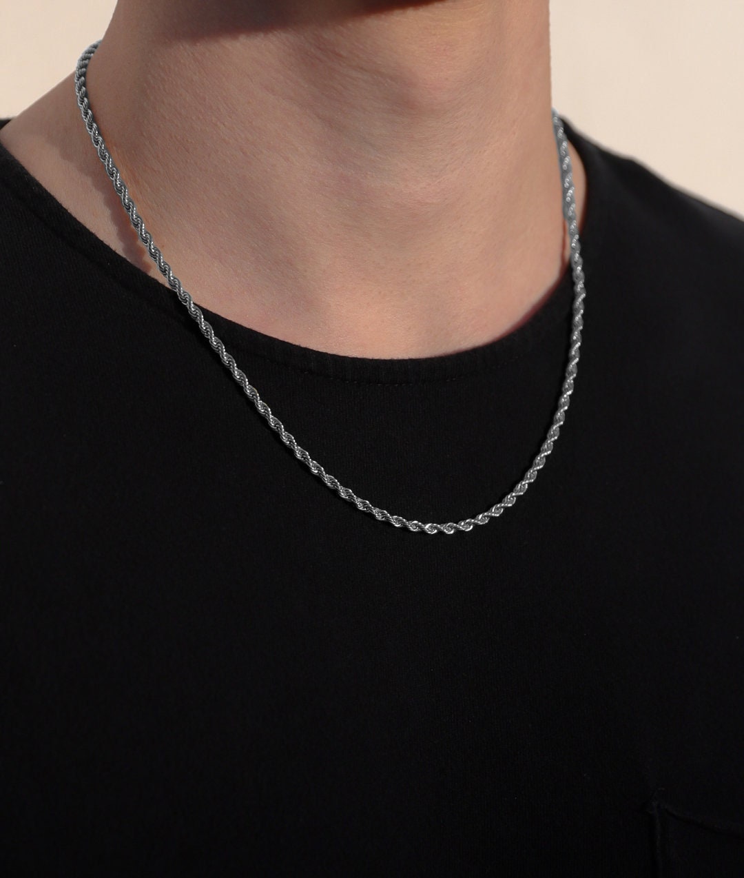 18k Silver Rope Chain Mens Gold Man Necklace Stainless Steel 3mm Chain ...