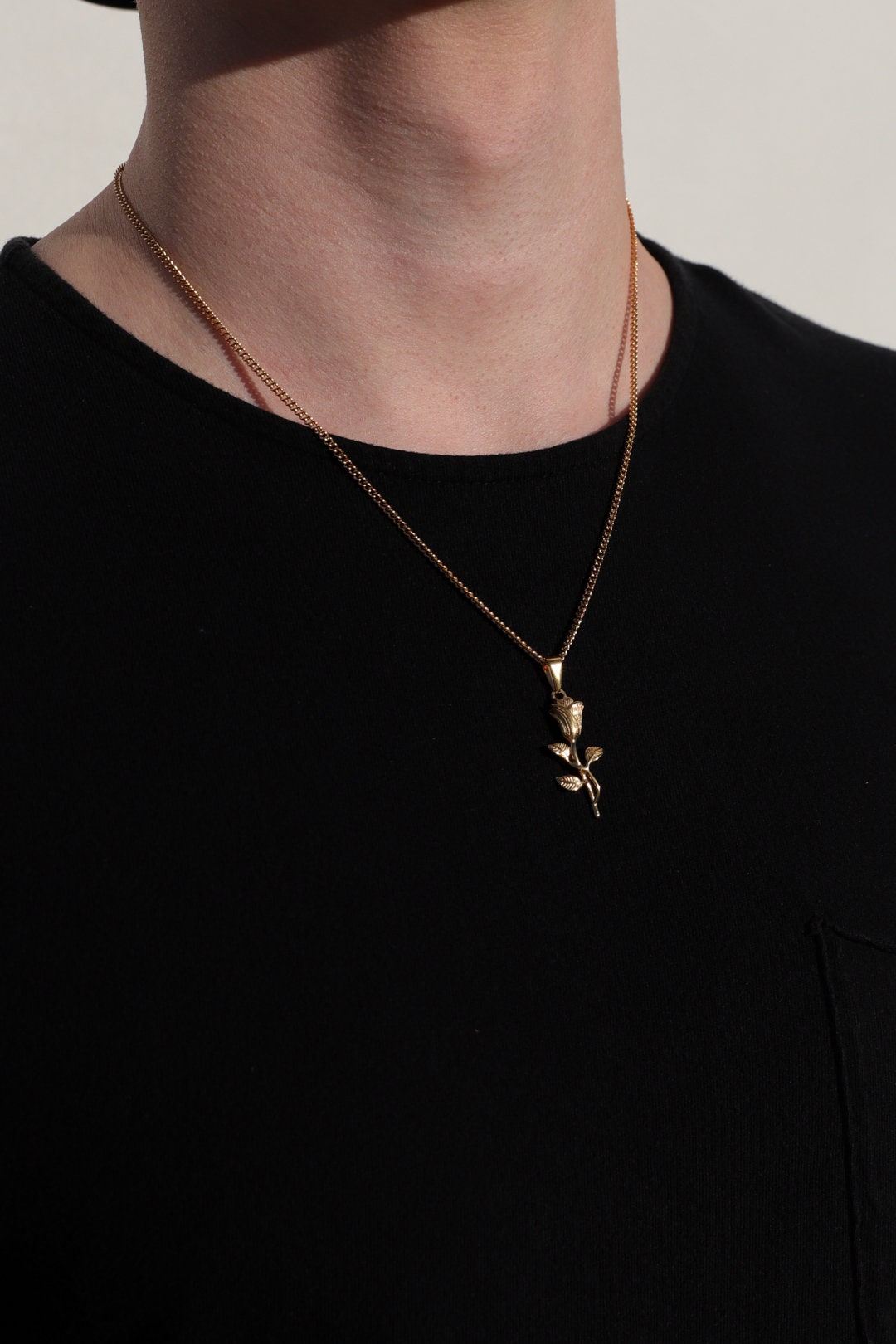 18k Gold Rose Pendant Chain Mens Rose Necklace Gold Rose | Etsy UK