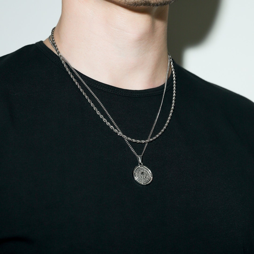 Necklace Set for Men - 18k Silver St Benedict Pendant Rope Chain Saint ...