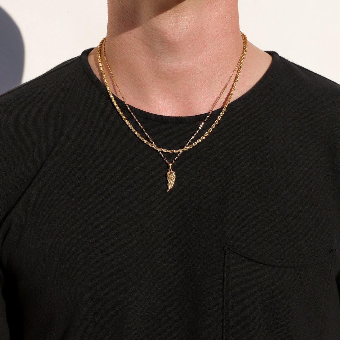 18k Gold Angel Wing Pendant Chain Mens Wing Necklace Gold Wing Pendant ...