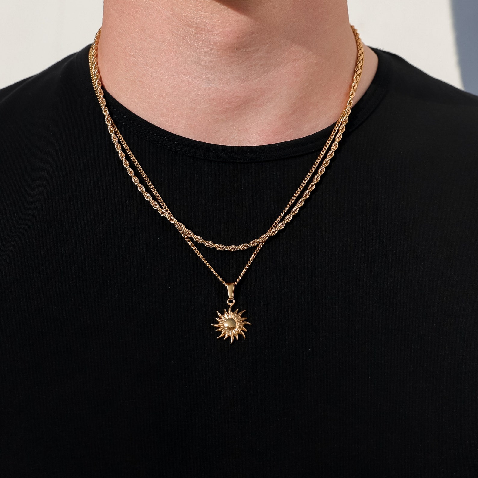 18k Gold Sun Pendant Necklace Mans Pendant Mens Necklace Mens Sun Star ...