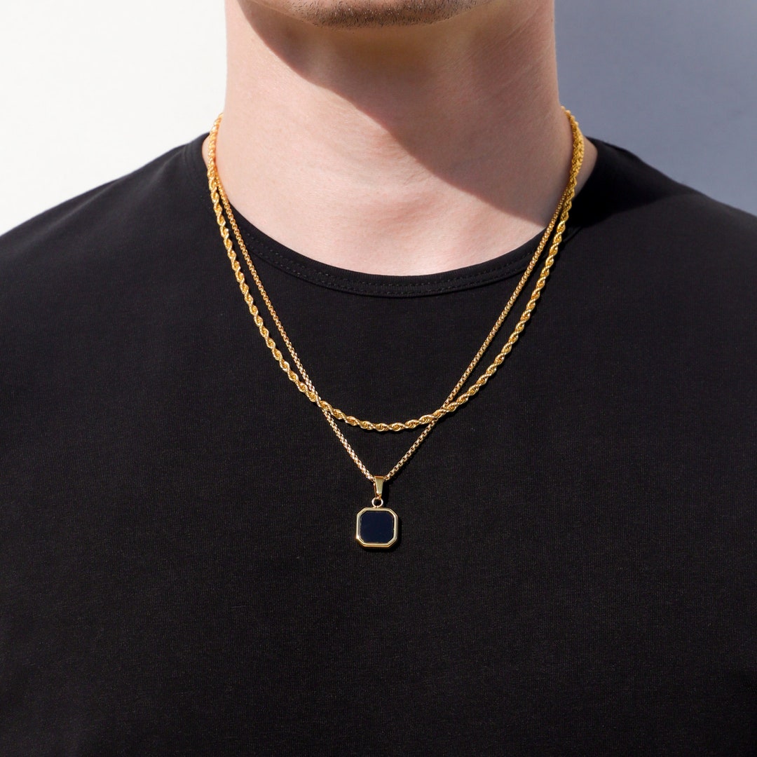18k Gold Black Onyx Pendant Chain Mens Black Onyx Necklace Gold Man ...