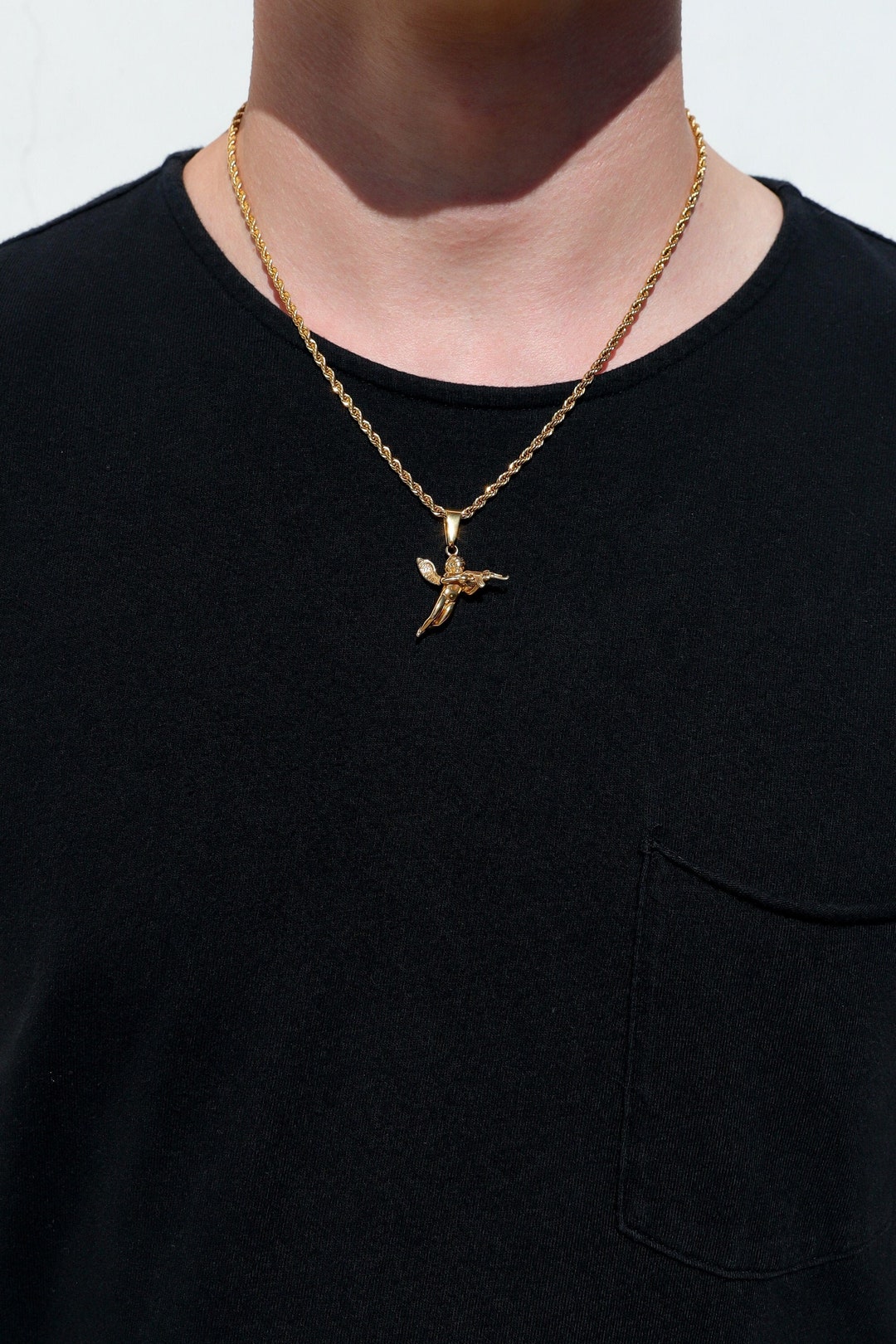 18k Gold Cupid Pendant Guardian Angel Gold Chain for Men Jewelry for ...