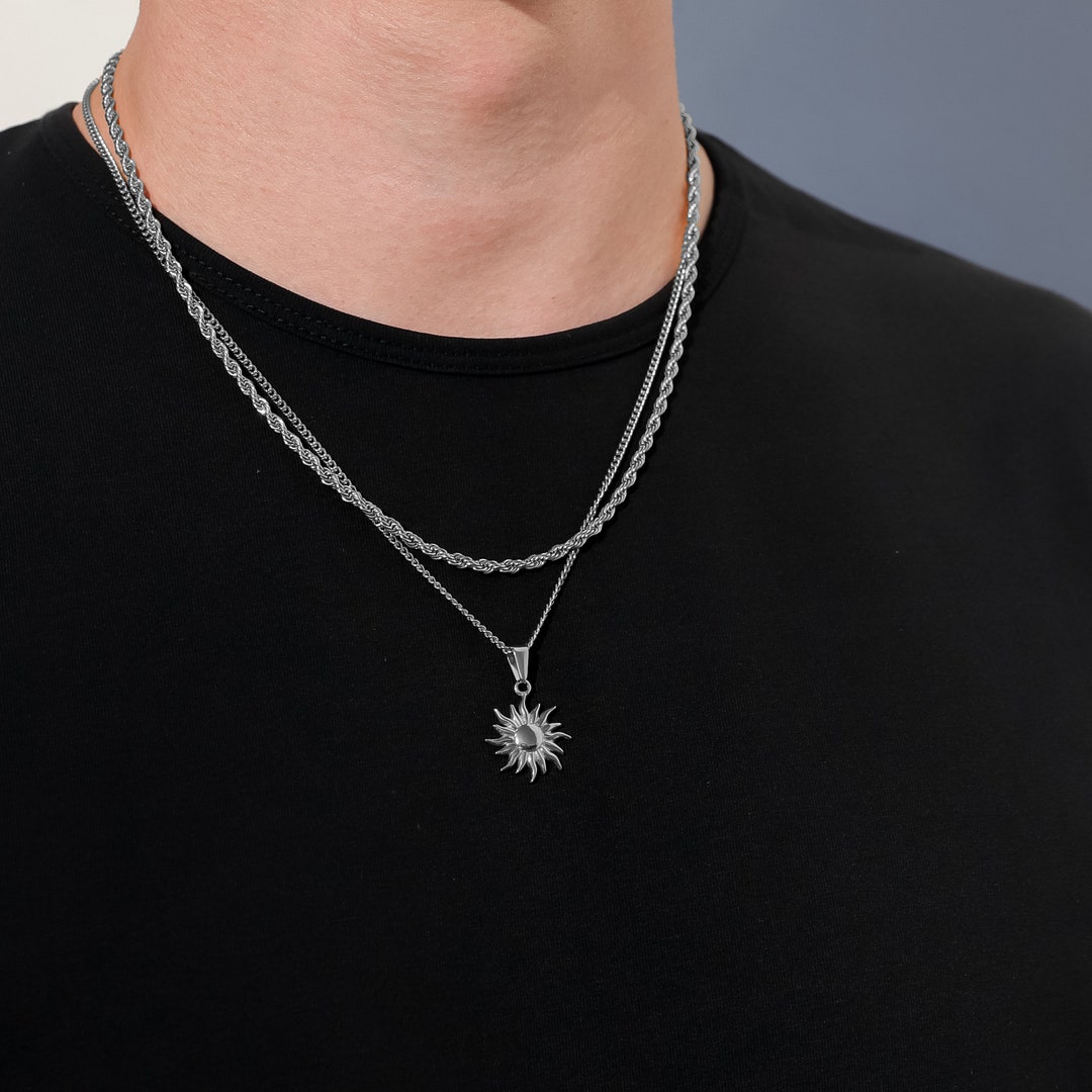 Necklace Set for Men- Silver Sun Pendant Necklace for Man Chain Man ...