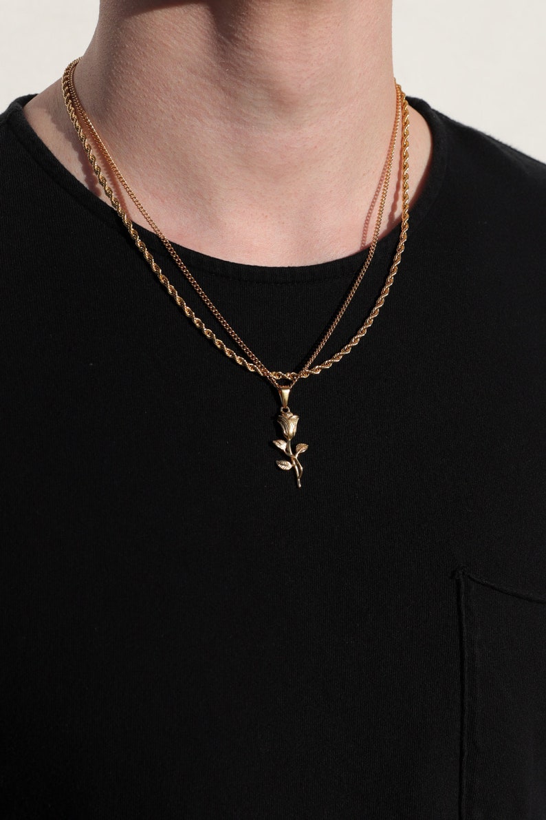 18k Gold Rose Pendant Chain Mens Rose Necklace Gold Rose - Etsy