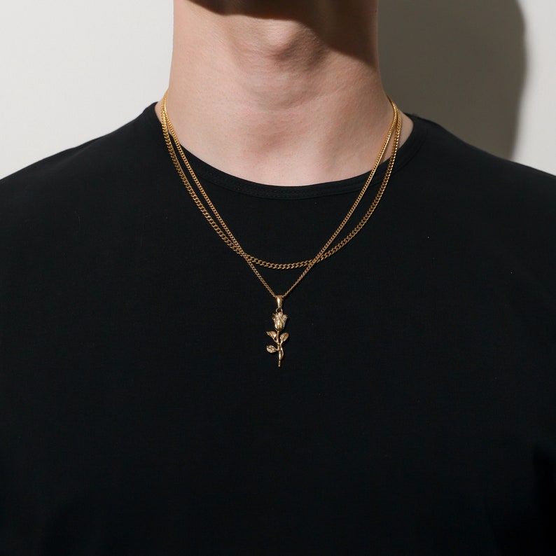 Necklace Set for Men - 18k Gold Rose Pendant Cuban Link Chain Set Chain ...