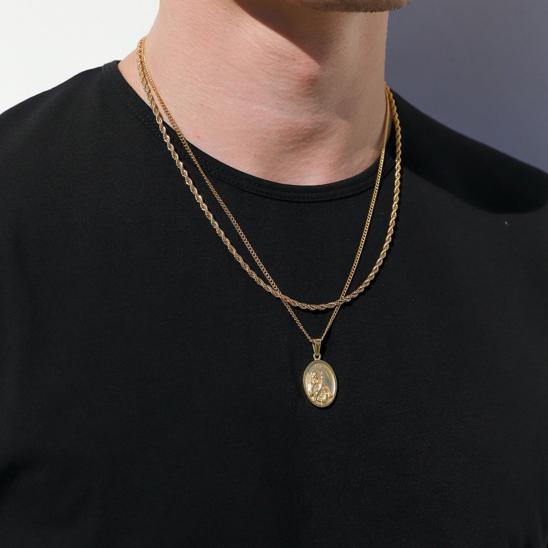 Necklace Set for Men- 18k Gold St Gabriel Pendant Rope Chain Saint ...